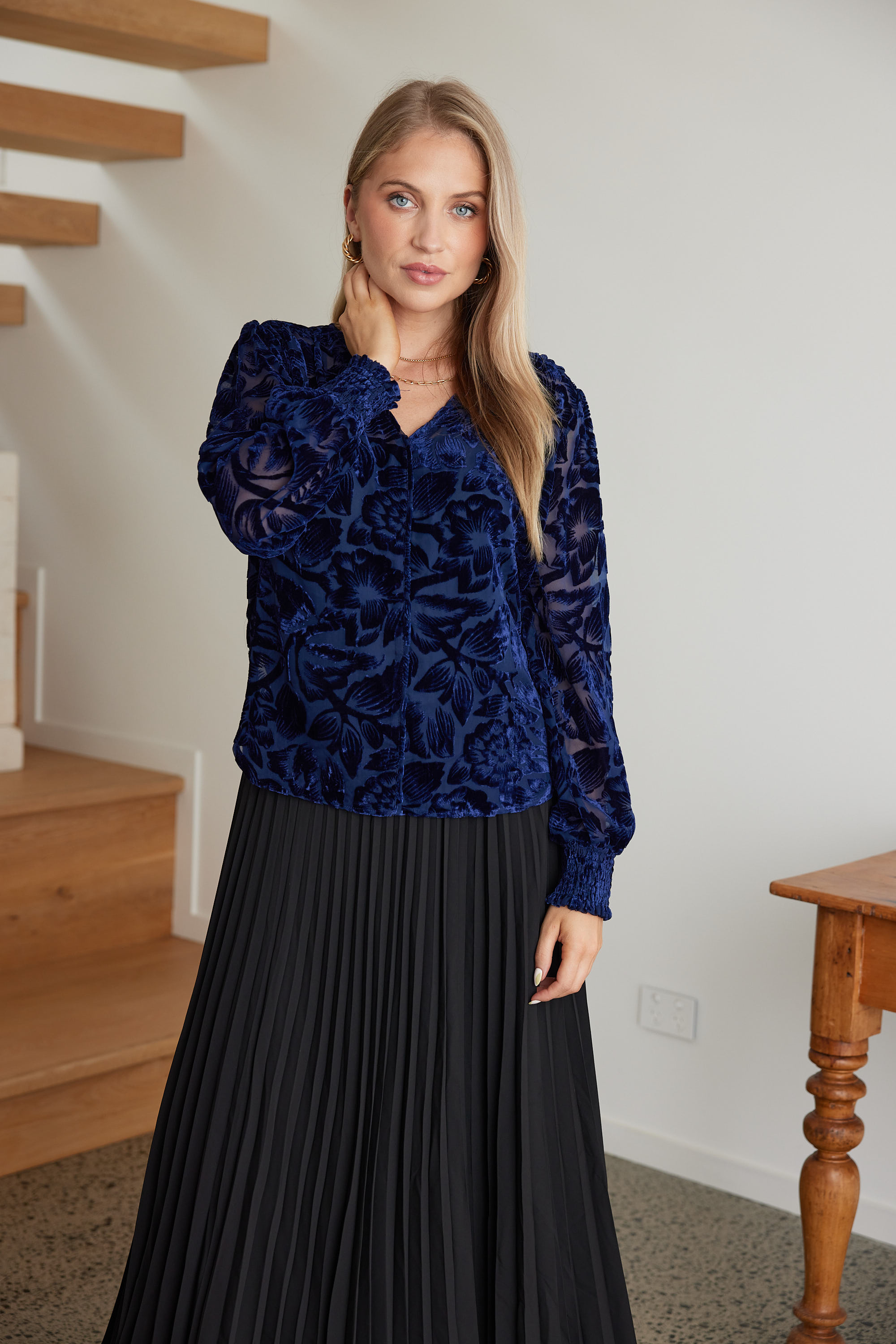 Vincent - BLUE VELVET TOP - Hartleys Fashion